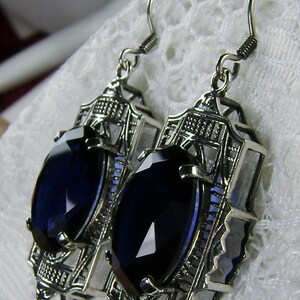 Blue Sapphire Earrings/ Solid Sterling Silver/ Oval Simulated Blue Sapphire, Art Deco 1920s ...