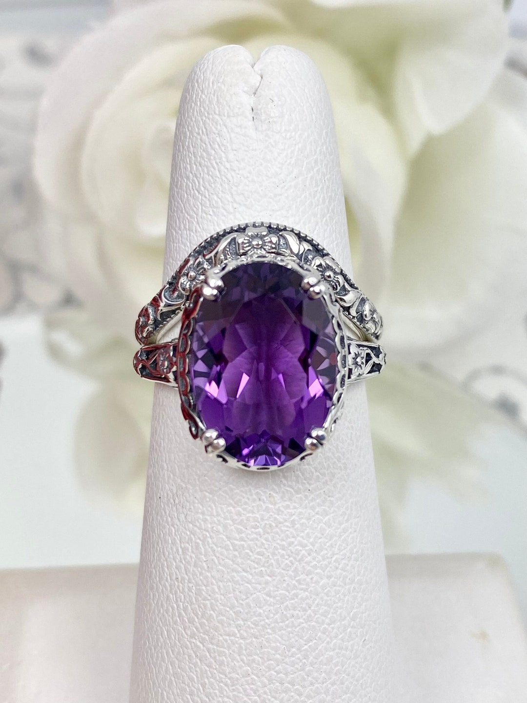 Natural Purple Amethyst Ring & Floral Band Set Sterling Silver Ring ...