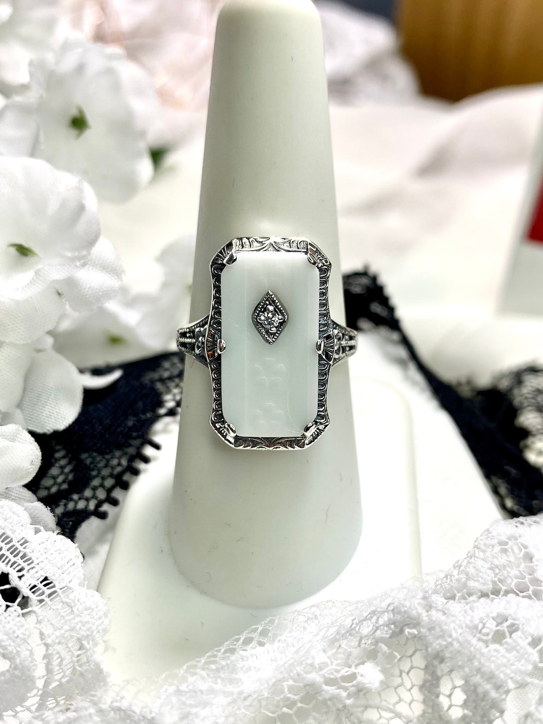 White Glass Ring/ Carved Embelished Glass With Inset Gem in Sterling ...