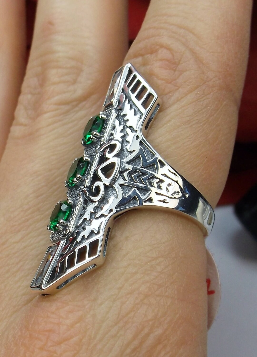 Emerald Ring/ Sterling Silver/ Simulated Emerald & White CZ Gem Long ...