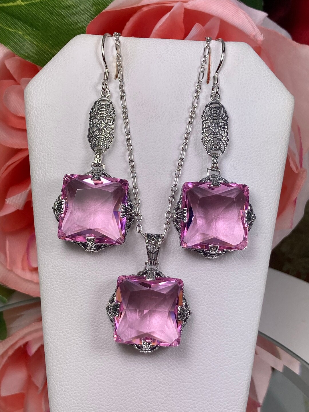 Save 10% on Pink Earrings & Pendant Set, Square Simulated Gem, Sterling ...