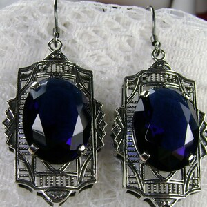 Blue Sapphire Earrings/ Solid Sterling Silver/ Oval Simulated Blue Sapphire, Art Deco 1920s ...