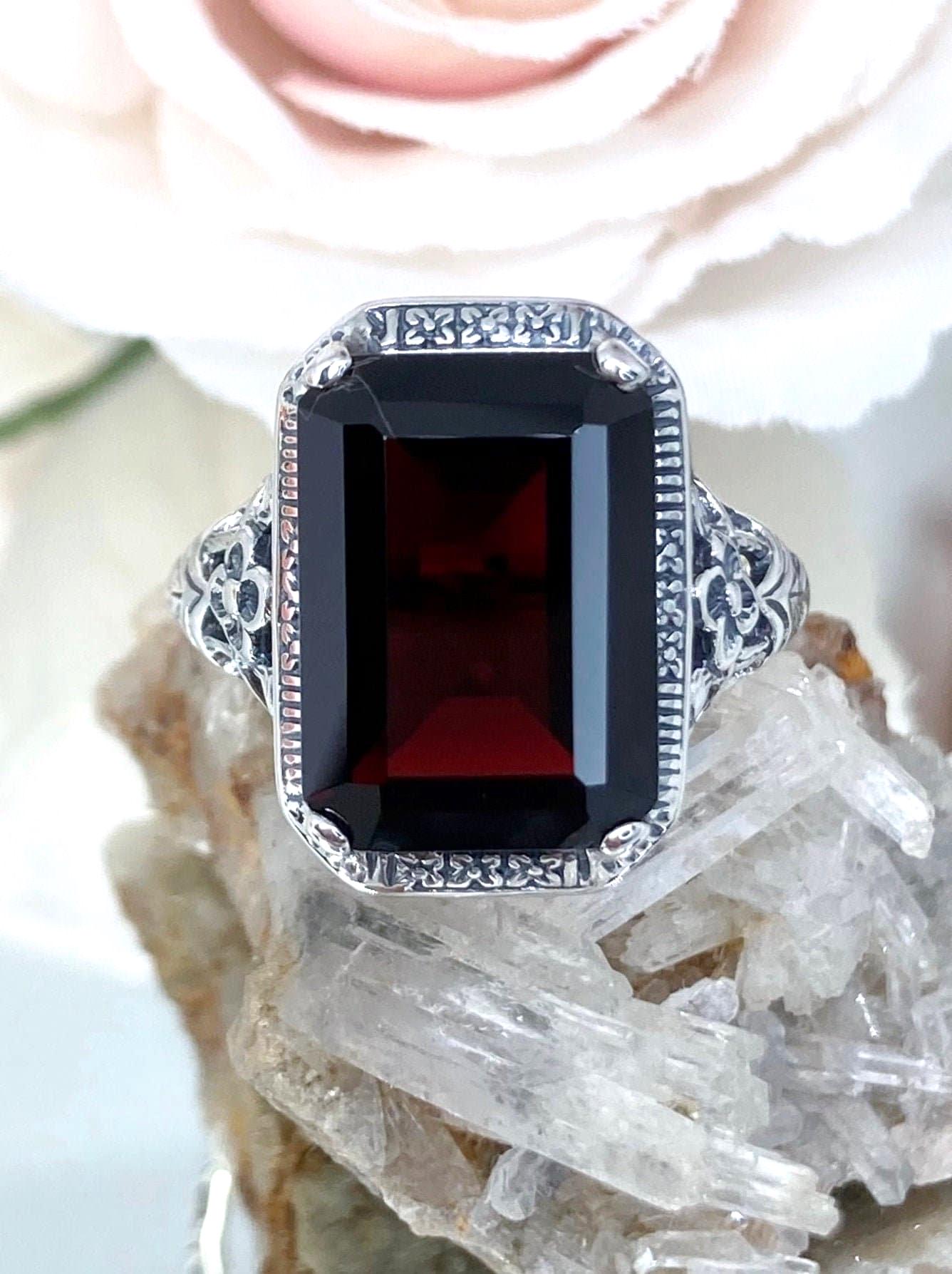 Natural Garnet Ring / Rectangular 5ct Natural Gem With Sterling Silver ...