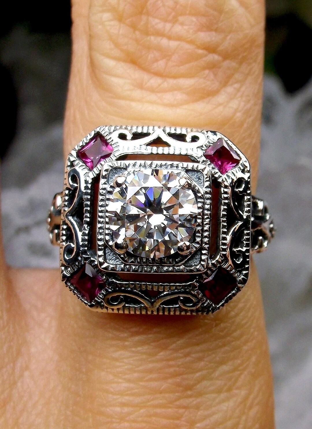White CZ & Ruby Ring, 1930s Art Deco Gatsby Sterling Silver Filigree ...