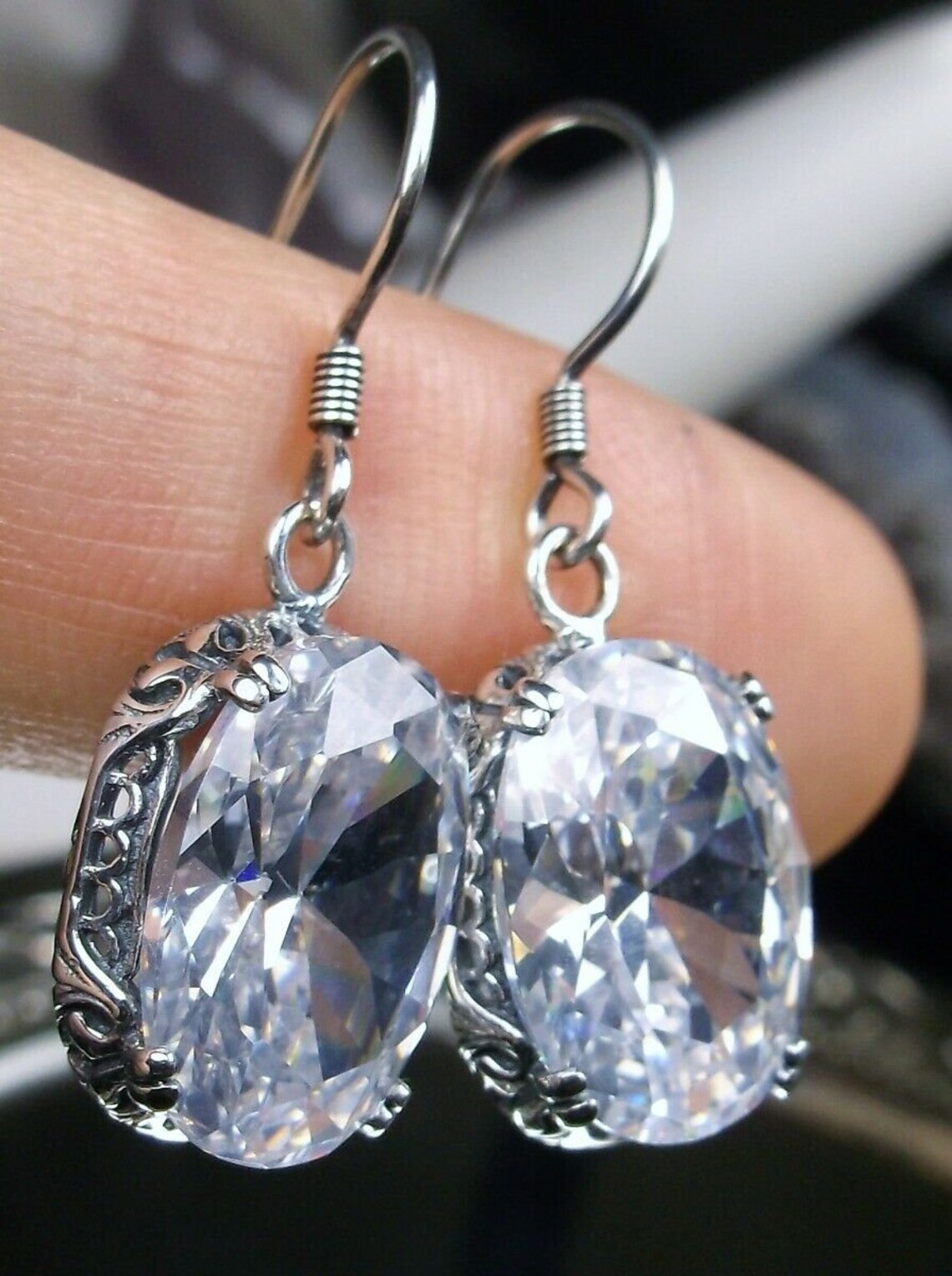 White CZ Earrings/ Sterling Silver/ Oval White Cubic Zirconia - Etsy