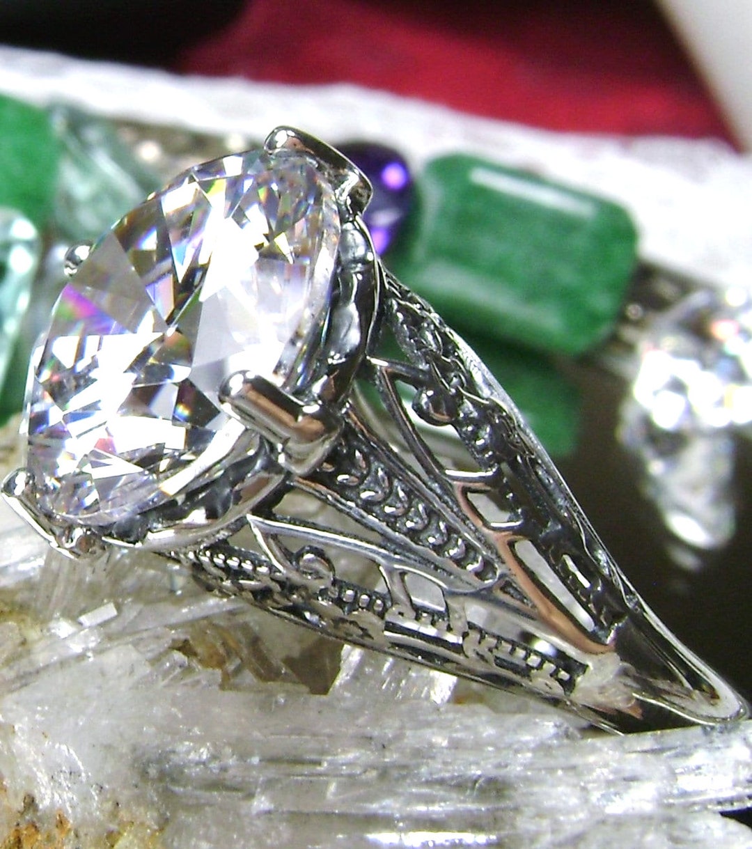 White CZ Ring/ 925 Sterling Silver/ 8ct Round Cut Cubic Zirconia Ring Victorian Floral Leaf ...