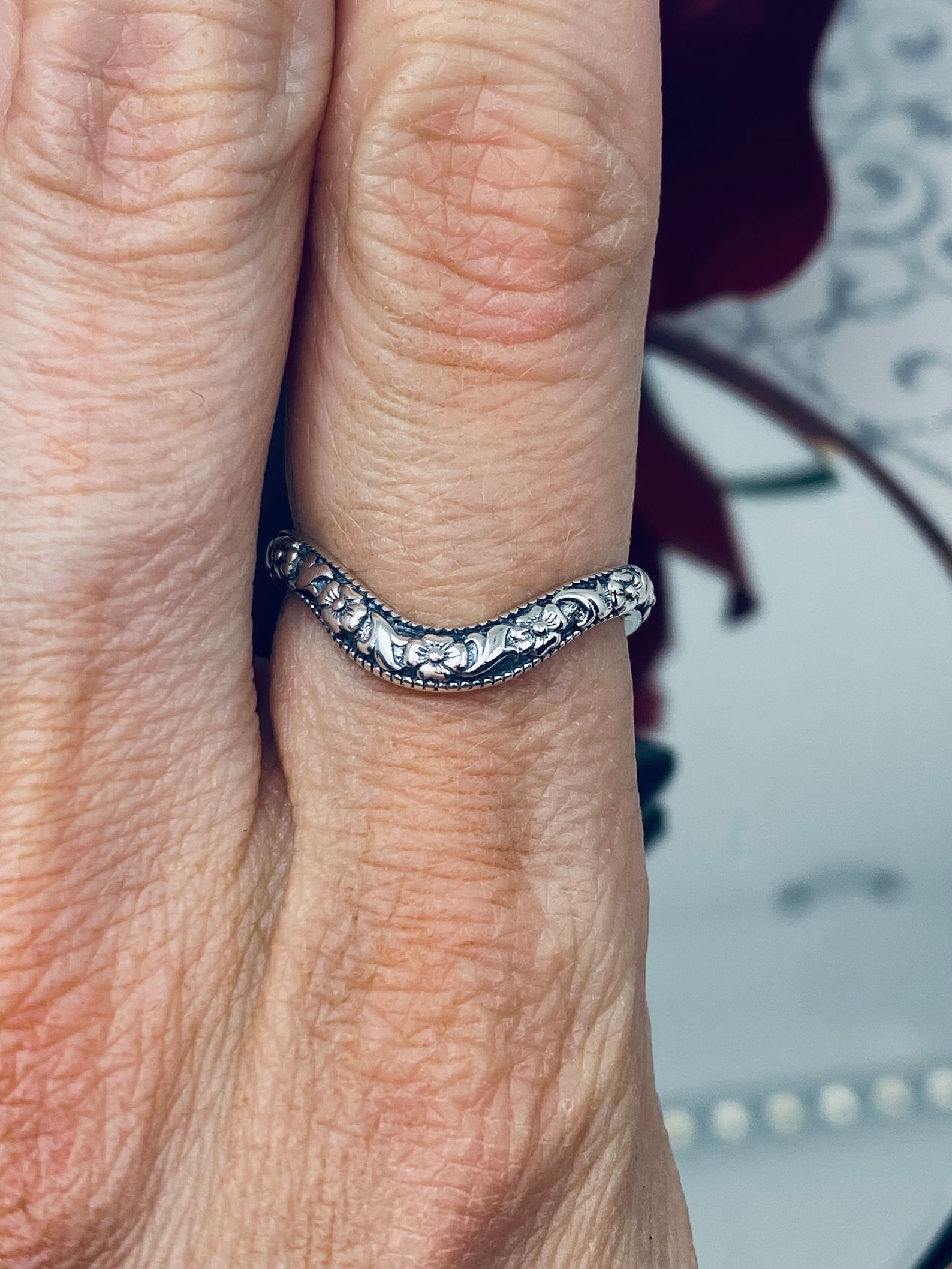 Floral High Curve Ring Band, Sterling Silver, White or Rose Gold ...