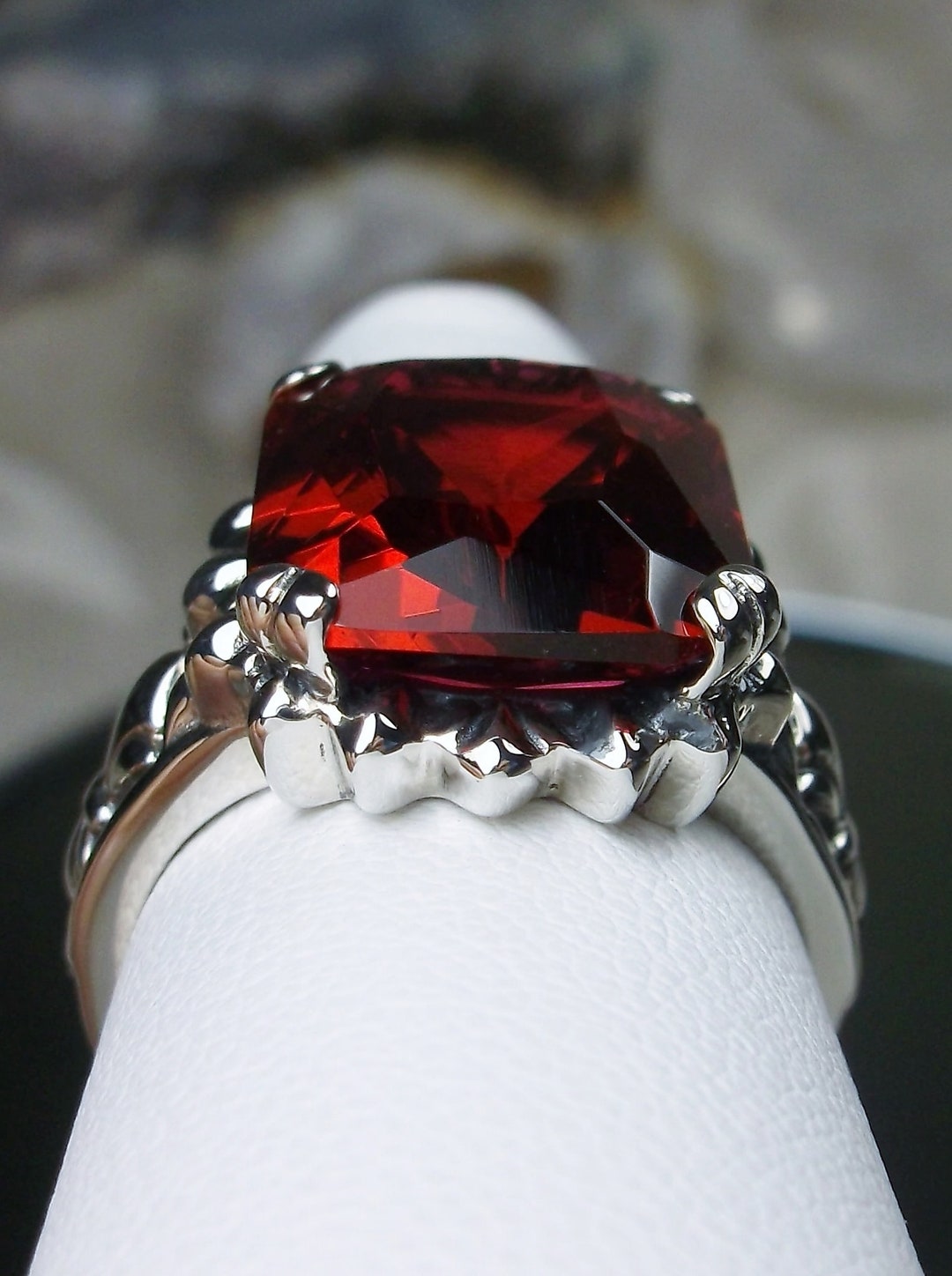 Ruby Ring/ Solid Sterling Silver/ 9ct Simulated Red Ruby, Gothic Prong Filigree Victorian ...