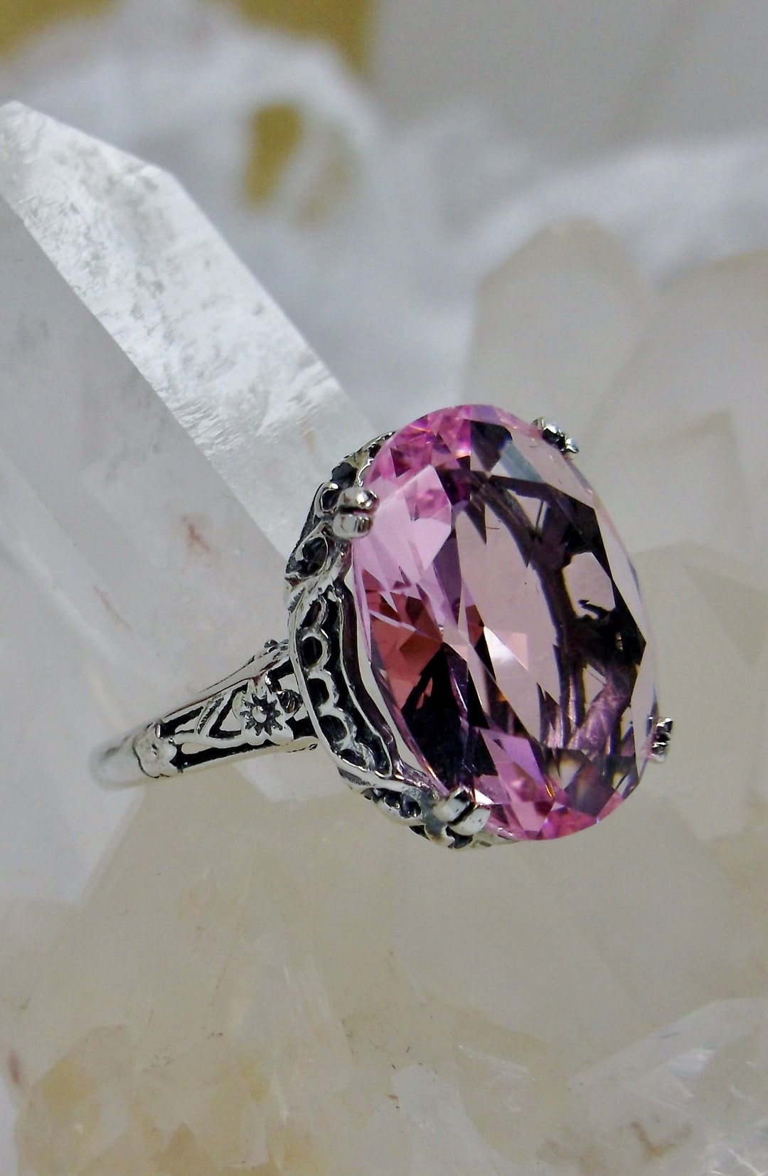 Light Pink Topaz Ring/ Sterling Silver/ Pink Topaz Gem, Floral Art Deco ...