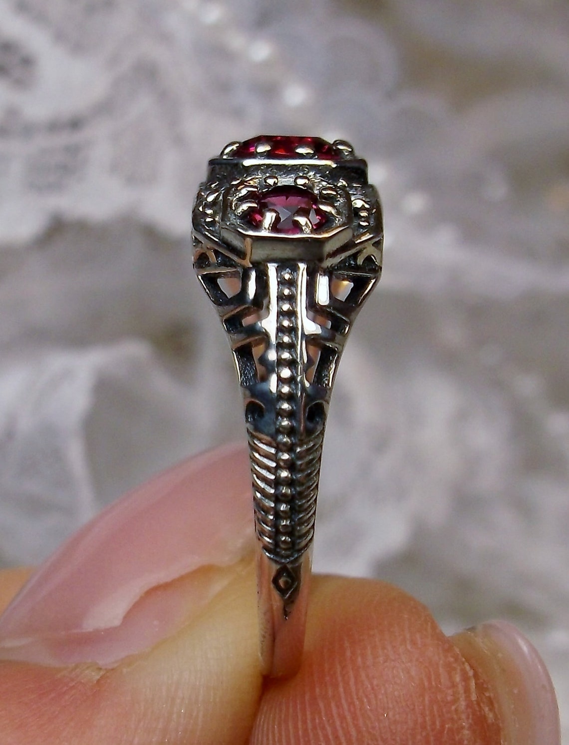 Ruby Ring/ Solid Sterling Silver/ Simulated Red Ruby Trinity | Etsy