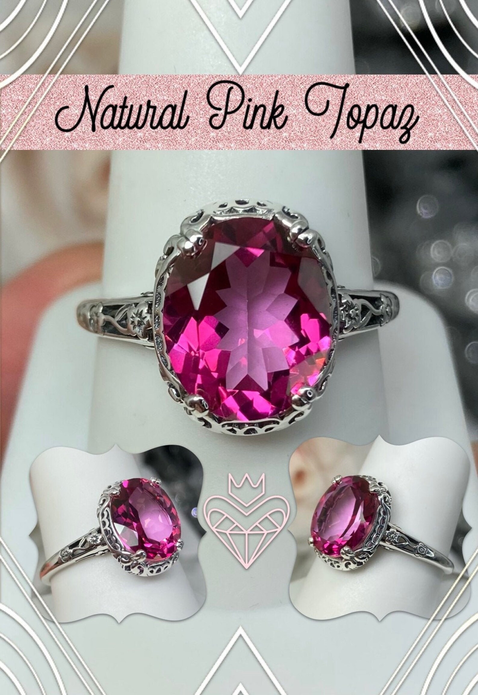 Antique Natural Pink Topaz Ring • 3.41ct Gemstone • Sterling Silver ...