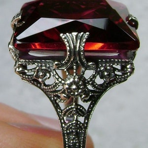 Red Ruby Ring/ Solid Sterling Silver/ Square 12ct Simulated Red Ruby Victorian Floral Filigree ...