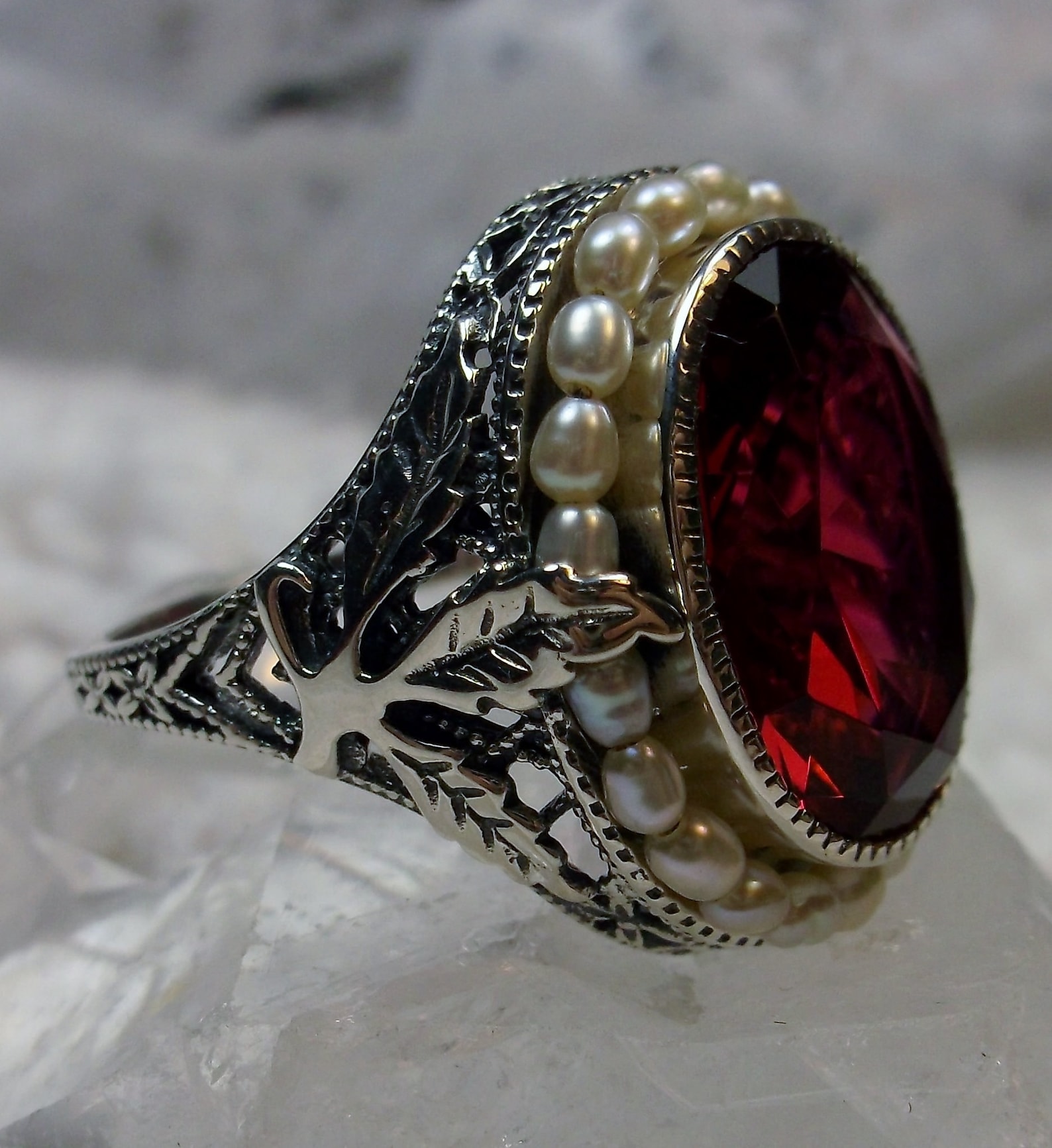 Ruby & Pearl Ring/ Solid Sterling Silver/ Oval Simulated Ruby | Etsy