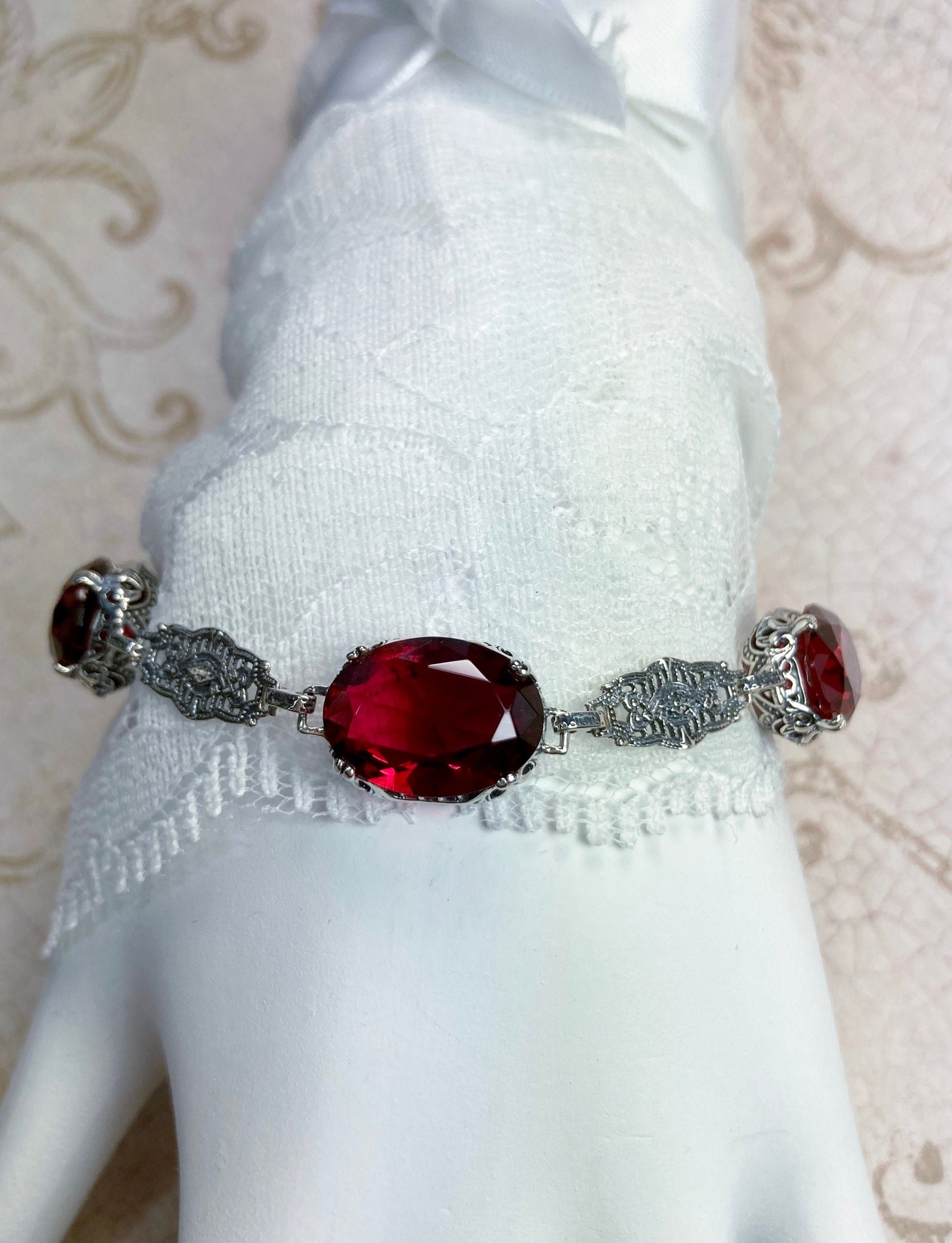 Red Ruby Bracelet/ Sterling Silver/ Oval Simulated Red Ruby - Etsy