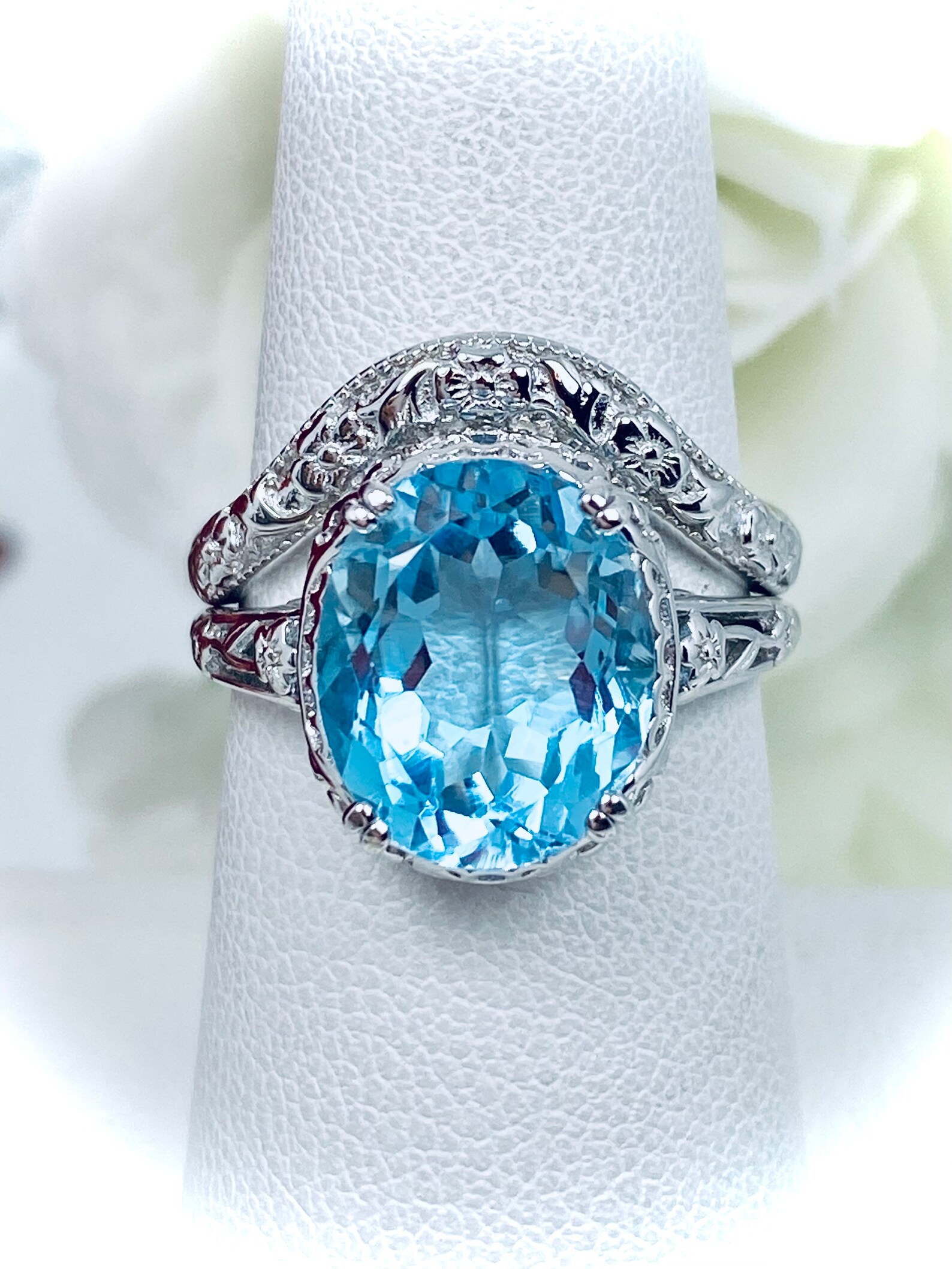 Natural Blue Topaz Ring & Floral Band Set | Sterling Silver White Gold ...