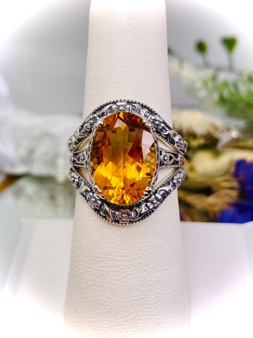 Natural Orange Citrine Ring & Floral Band Set Sterling Silver Ring ...