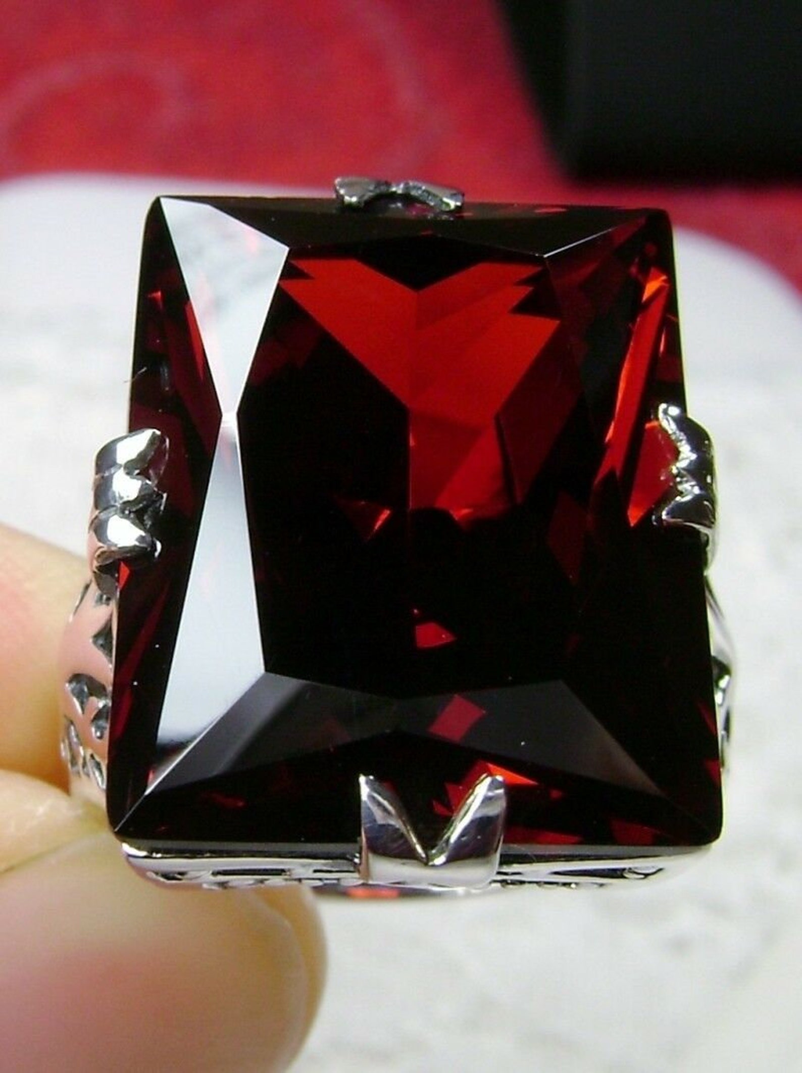 Garnet Ring/ Solid Sterling Silver/ 30ct Rectangle Huge Red | Etsy
