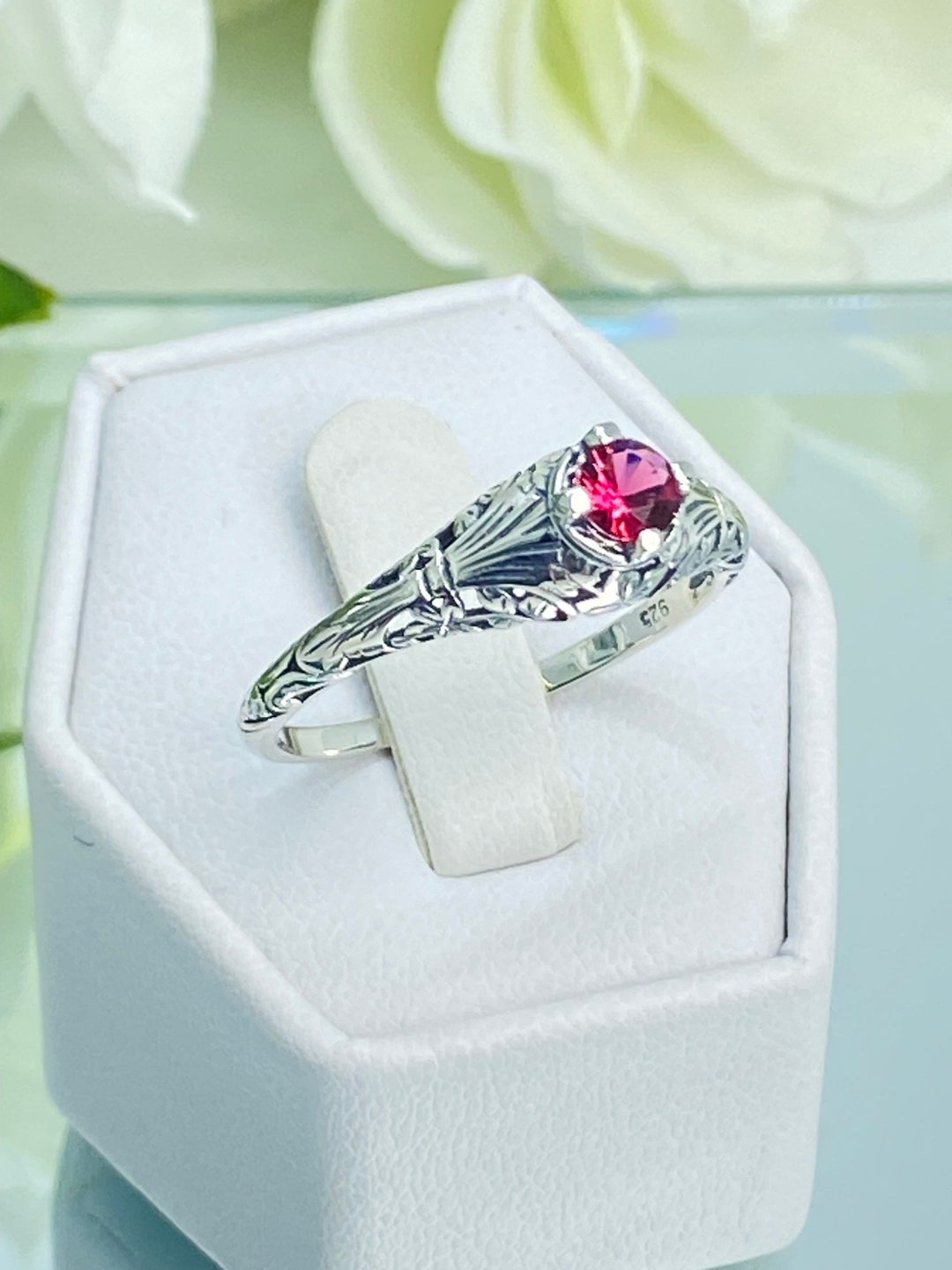 Ruby Ring/ Sterling Silver/ Simulated Red Ruby Edwardian Floral Wedding Leaf Filigree [made to ...