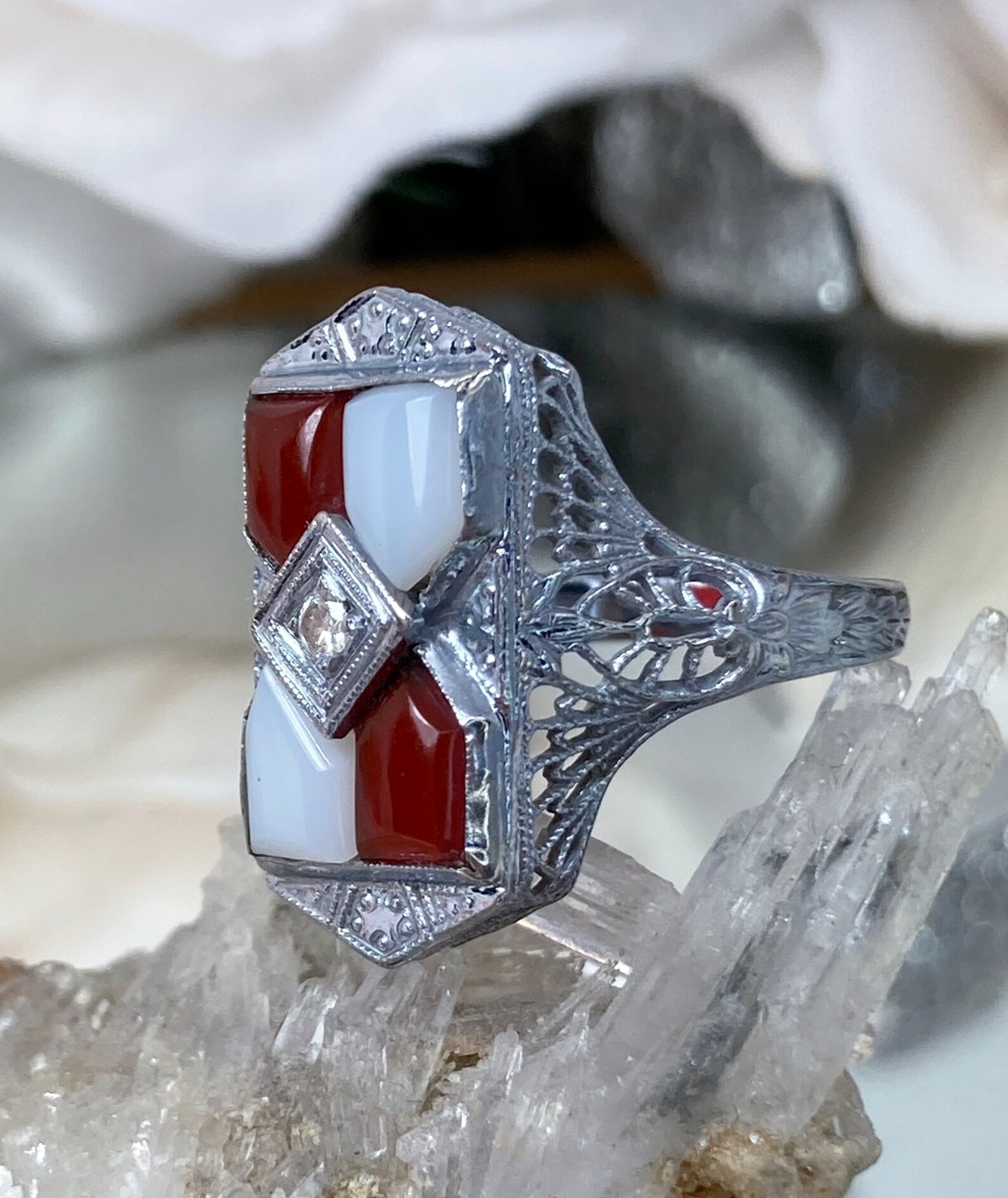 Antique Diamond and Shell Ring/ 14K White Gold /coral and - Etsy