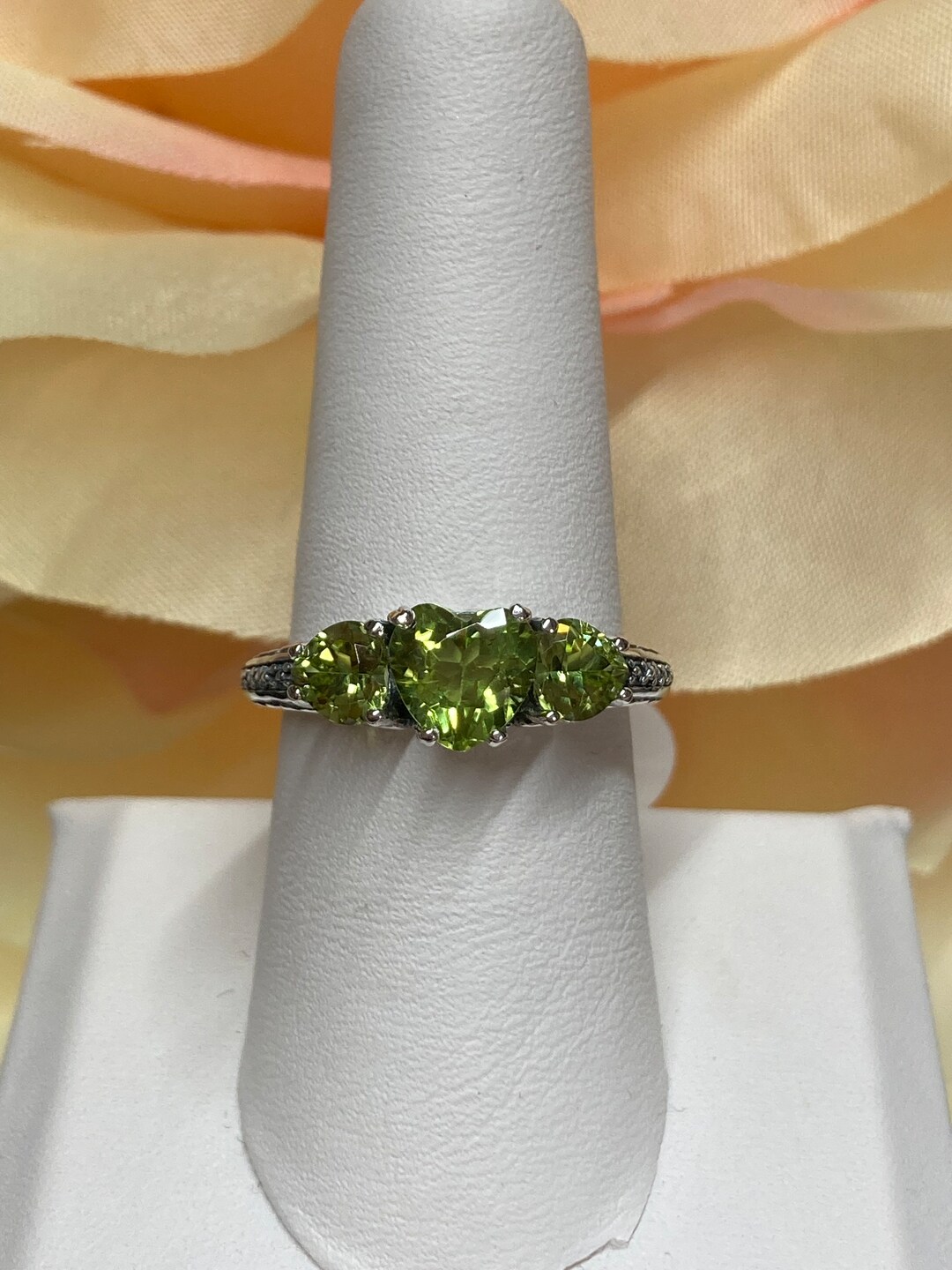 Natural Peridot Heart Ring/ Sterling Silver/ 3-gemstone Natural Peridot ...