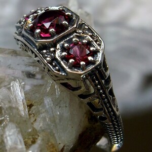 Ruby Ring/ Solid Sterling Silver/ Simulated or Natural Red Ruby Trinity Dainty 3stone Art Deco ...
