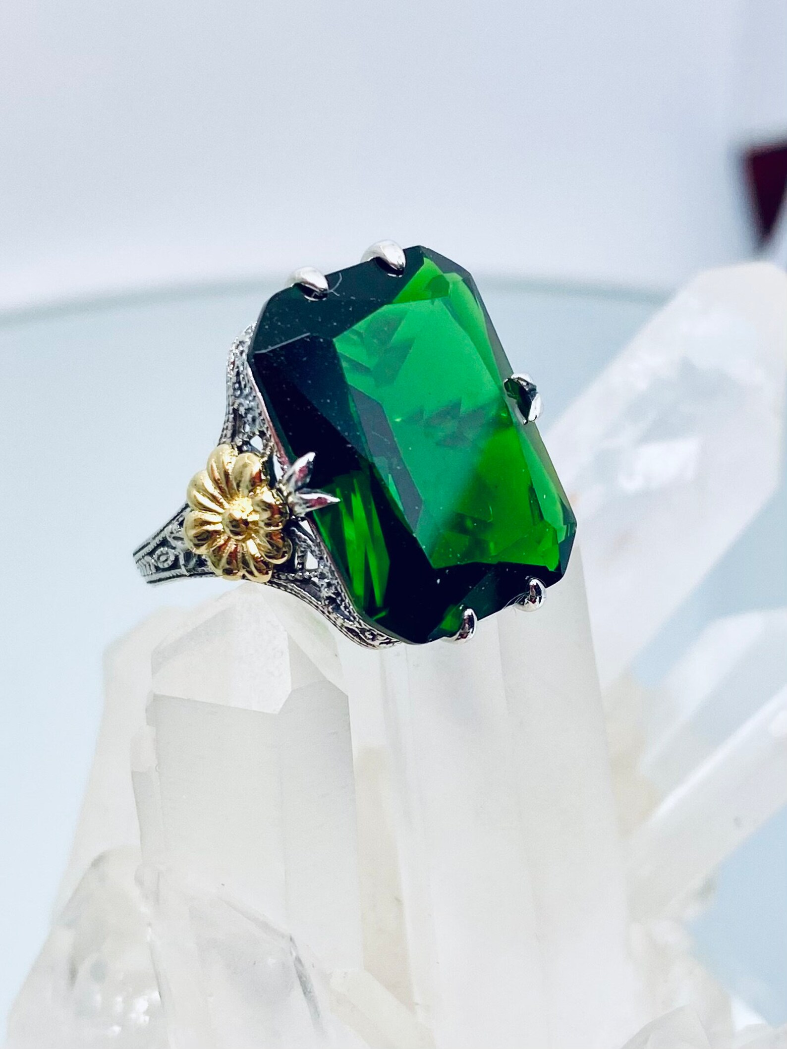 Green Emerald CZ Ring/ Sterling Silver/ 12ct Cushion Cut /art - Etsy