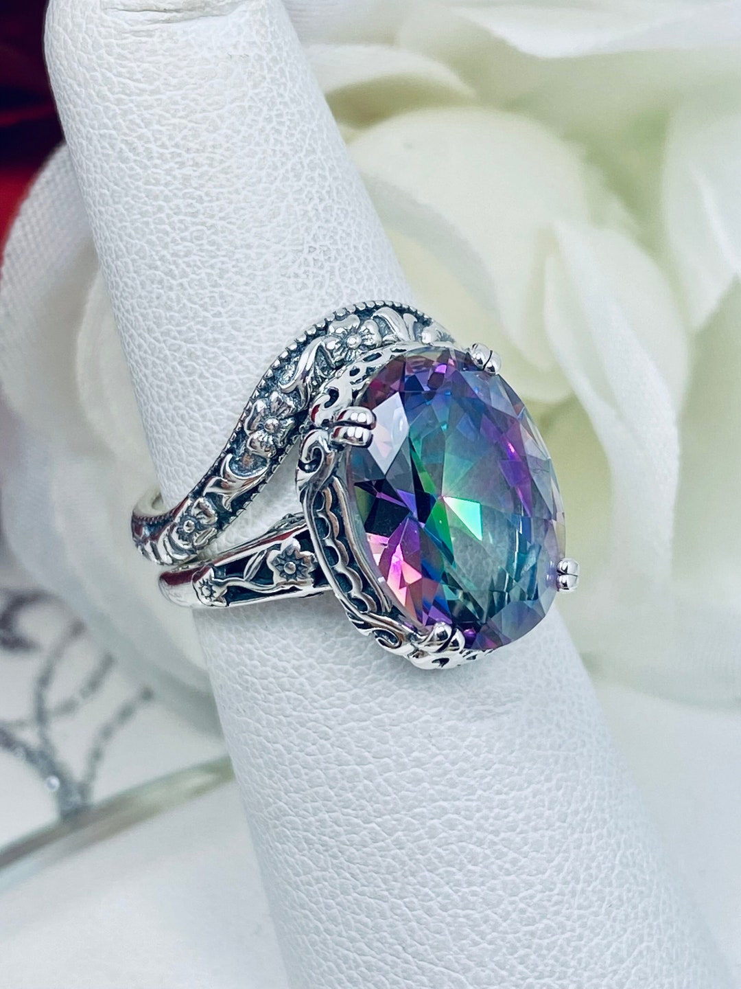 Rainbow Mystic Ring With Floral Band Set, Sterling Silver Ring ...