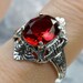 Ruby Ring/ Solid Sterling Silver/ Oval Simulated Red Ruby, Egyptian Filigree, Classic Art Deco ...