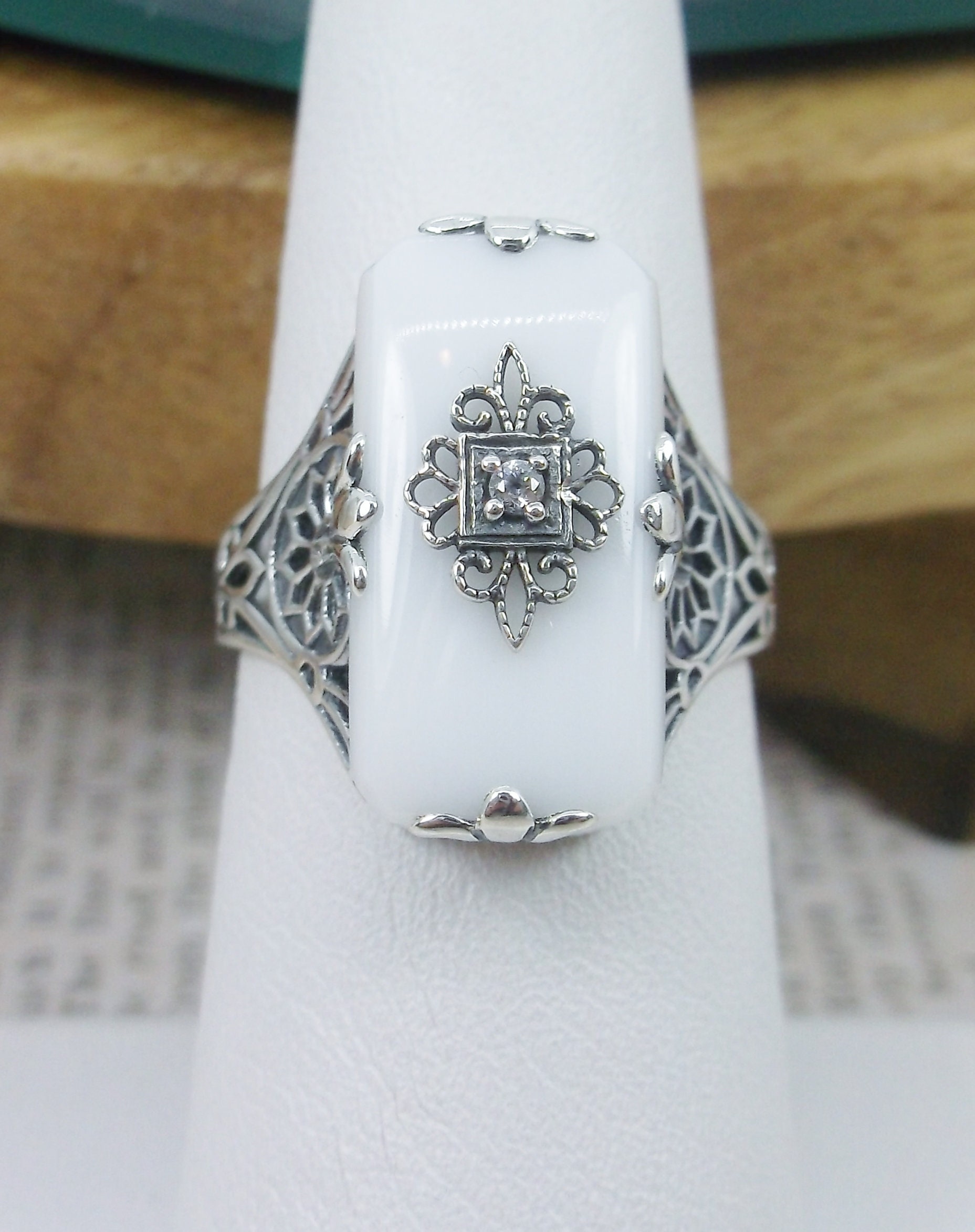 White Inset Stone Ring/ Sterling Silver/ Embellished Gem & CZ | Etsy