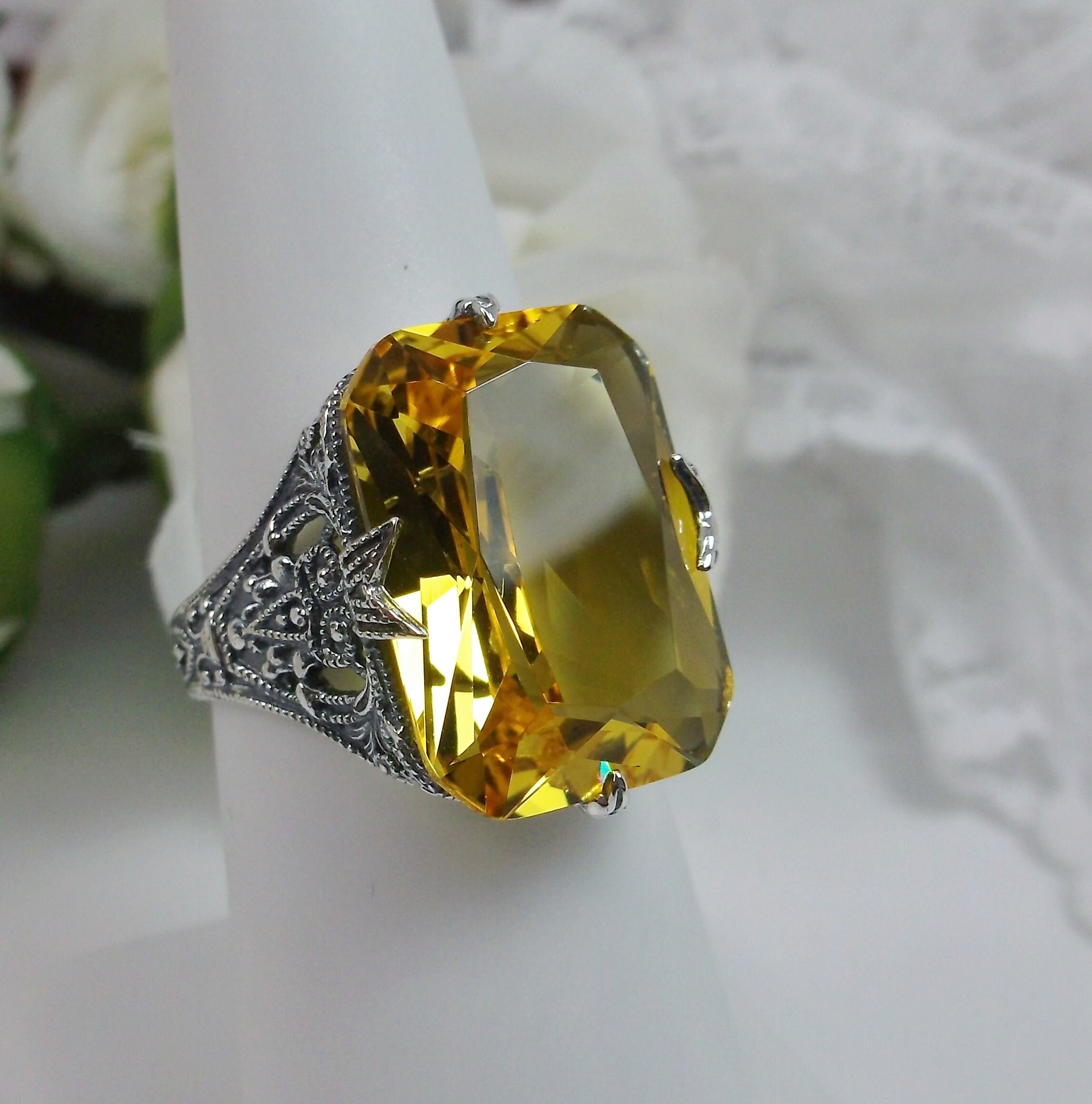 Citrine Ring/ Solid Sterling Silver/ 12ct Simulated Lemon | Etsy