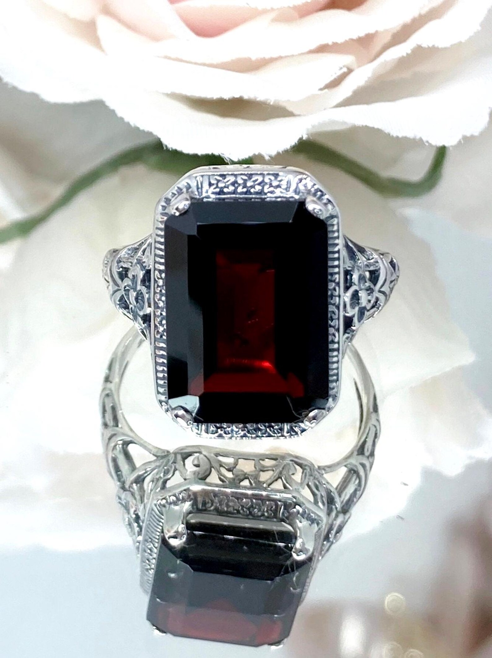 Natural Garnet Ring / Rectangular 5ct Natural Gem With Sterling Silver ...