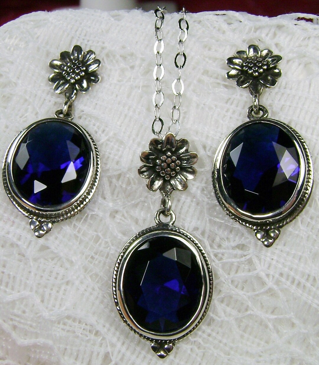 Blue Sapphire Jewelry Set/ Earrings & Pendant/ Oval Simulated Sapphire ...