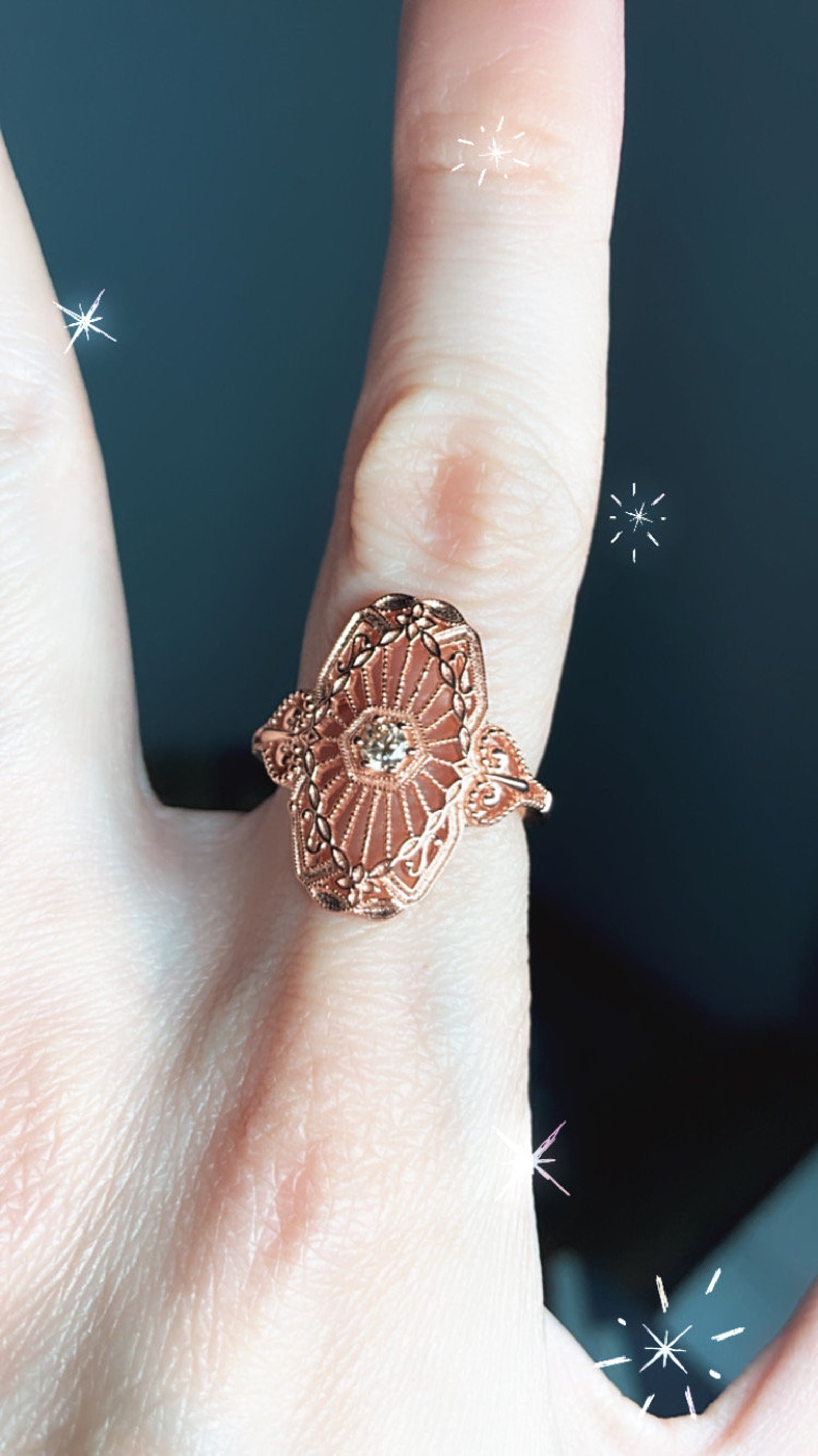 Vintage Style Champagne CZ Ring | Rose Gold & Sterling Silver | Peach ...