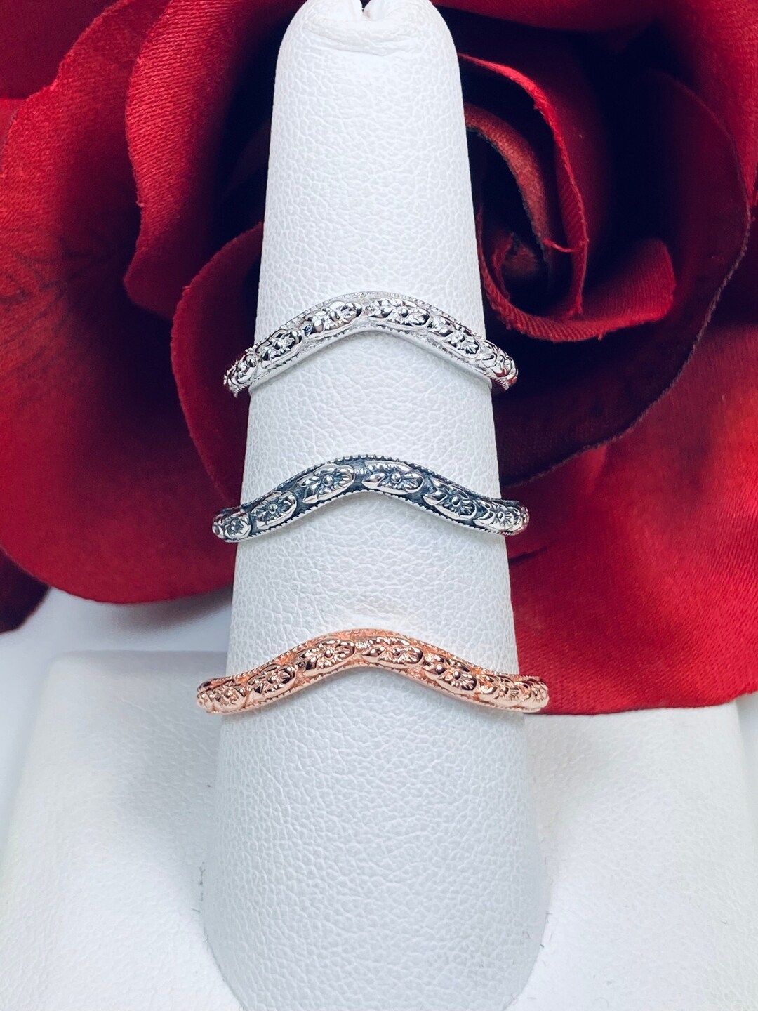 Floral Curved Band Ring / Sterling Silver, White or Rose Gold/ Simple ...