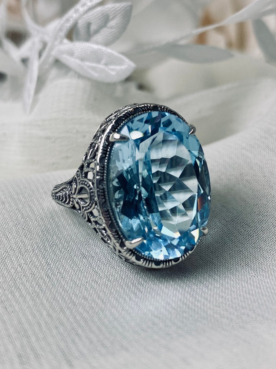 Natural Blue Topaz Ring/ 14ct Oval Natural Topaz / Art Deco Vintage ...