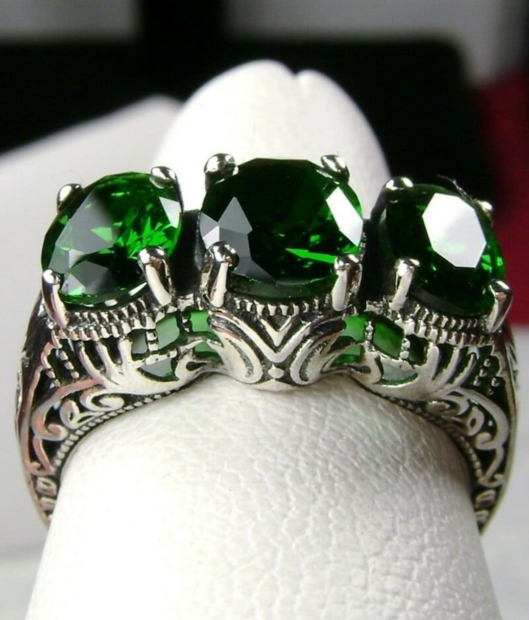 Green Emerald Ring 925 Sterling Silver/ Dainty 3-gem Natural or ...