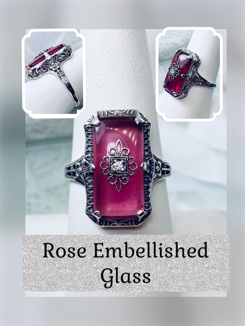 Pink Camphor Ring/ Rose Glass With Gem Inset in Sterling Silver ...