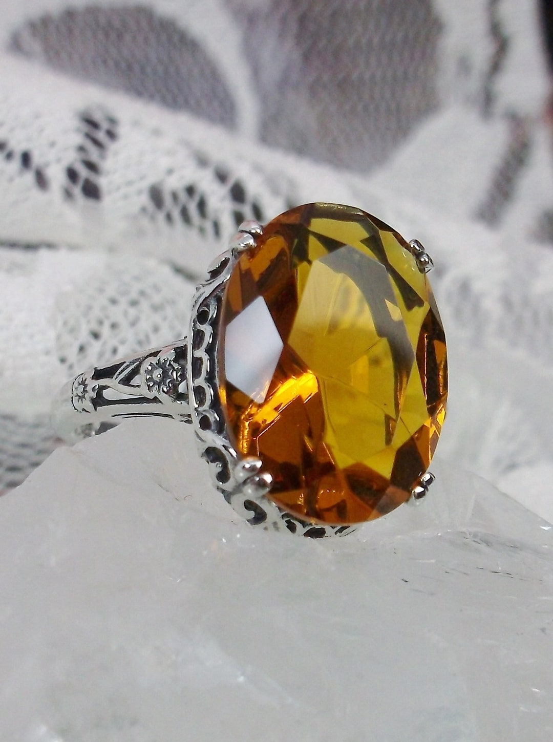 Orange Citrine Ring • 4ct Oval Natural Gemstone • Edwardian Floral ...