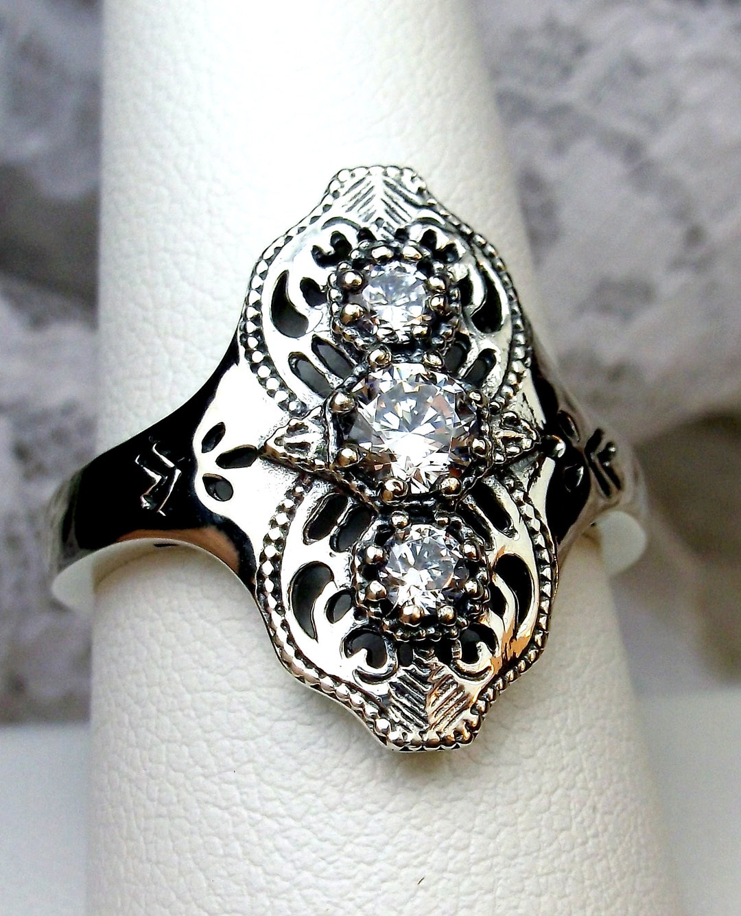White Gem Ring/ Sterling Silver/ White Cubic Zirconia or Moissanite ...