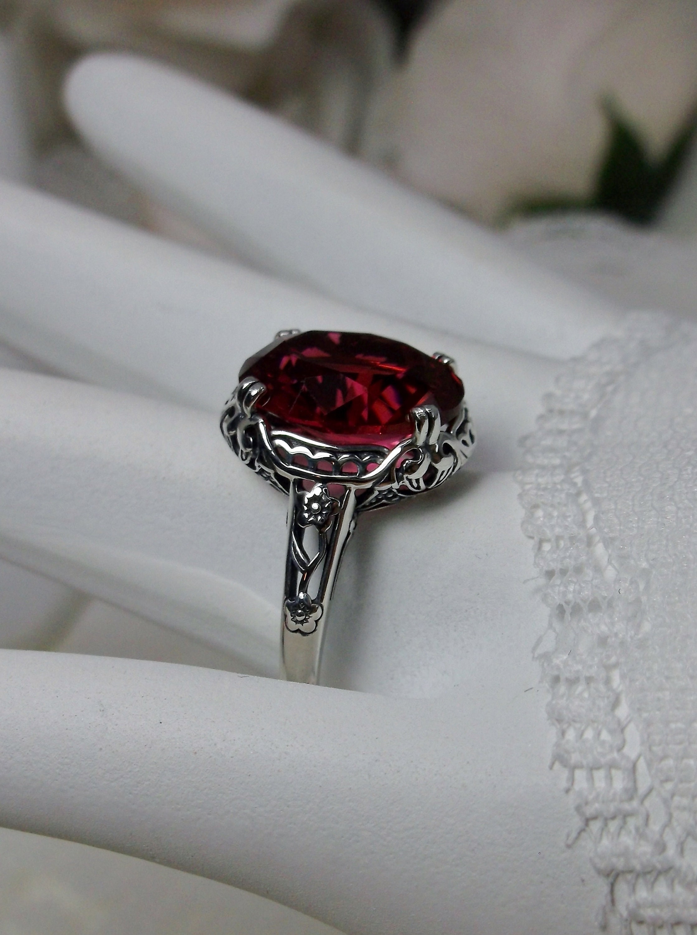 Ruby Ring/ Sterling Silver/ 5ct Simulated Ruby Silver Floral | Etsy