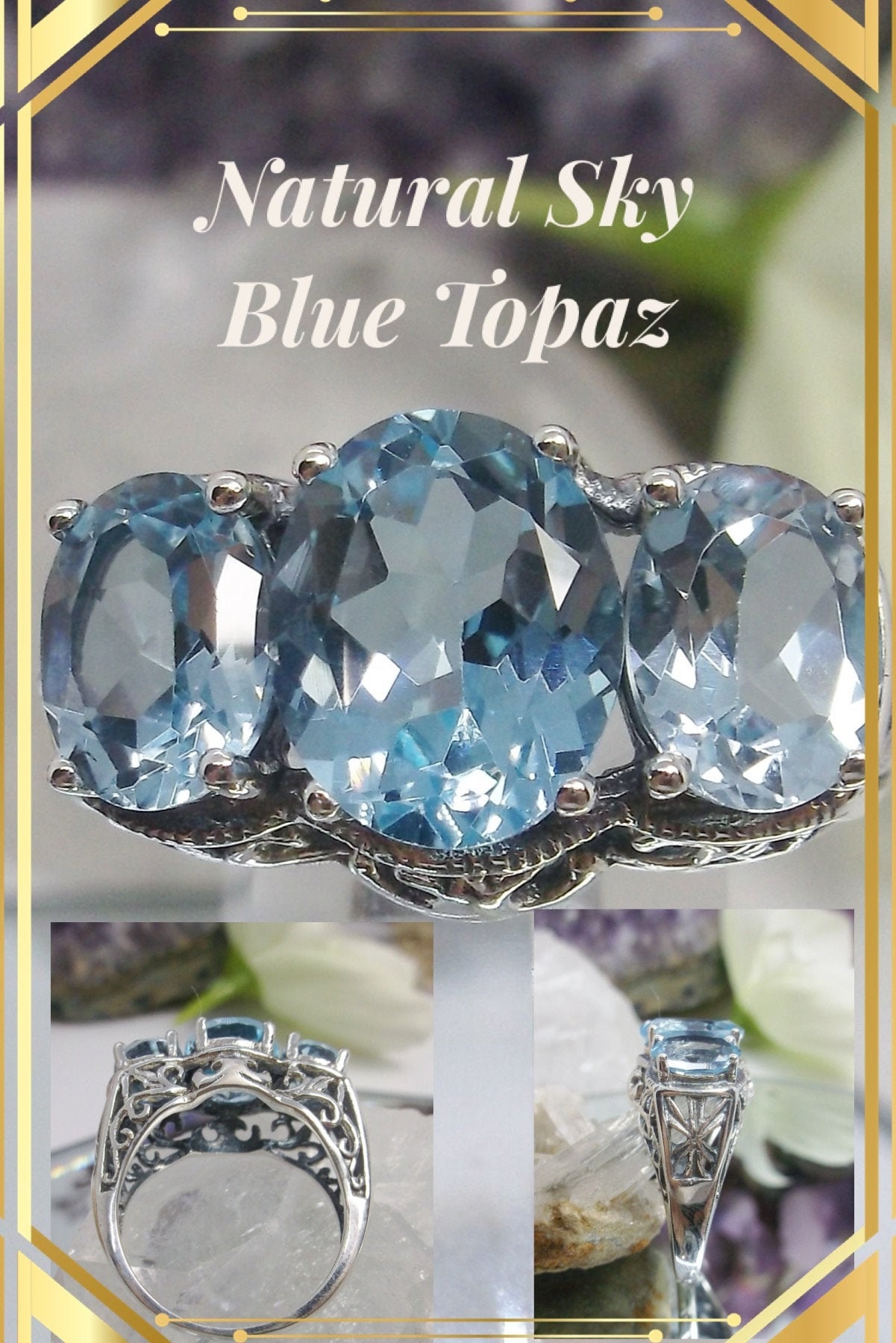 Natural Topaz Ring/ Solid Sterling Silver/ 3-Gem Oval Cut | Etsy