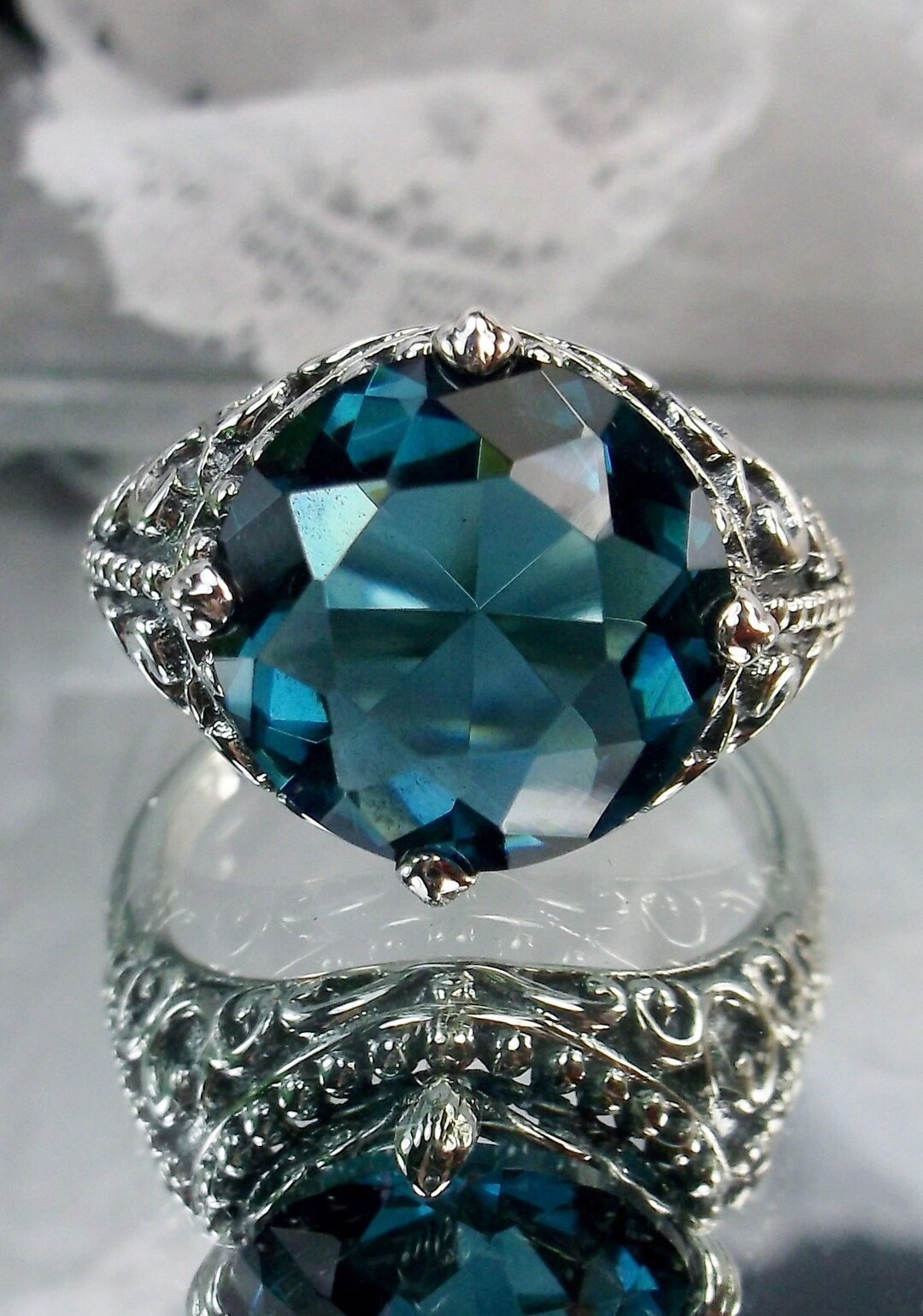 London Topaz Ring / Sterling Silver Gothic Lace Filigree/ 5ct Round Cut ...