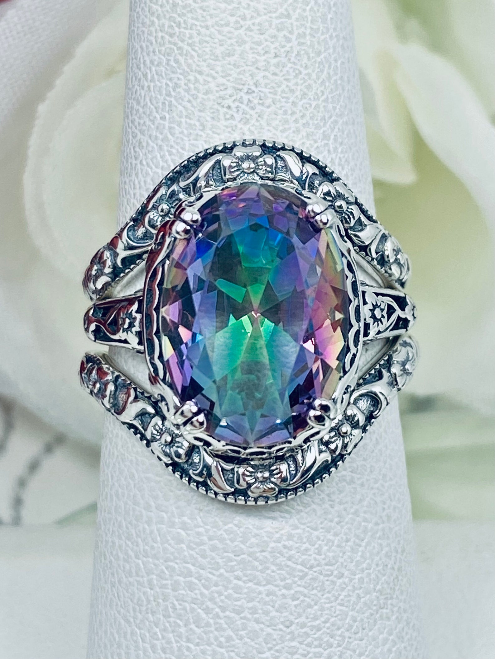 Rainbow Mystic Ring With Floral Band Set, Sterling Silver Ring ...