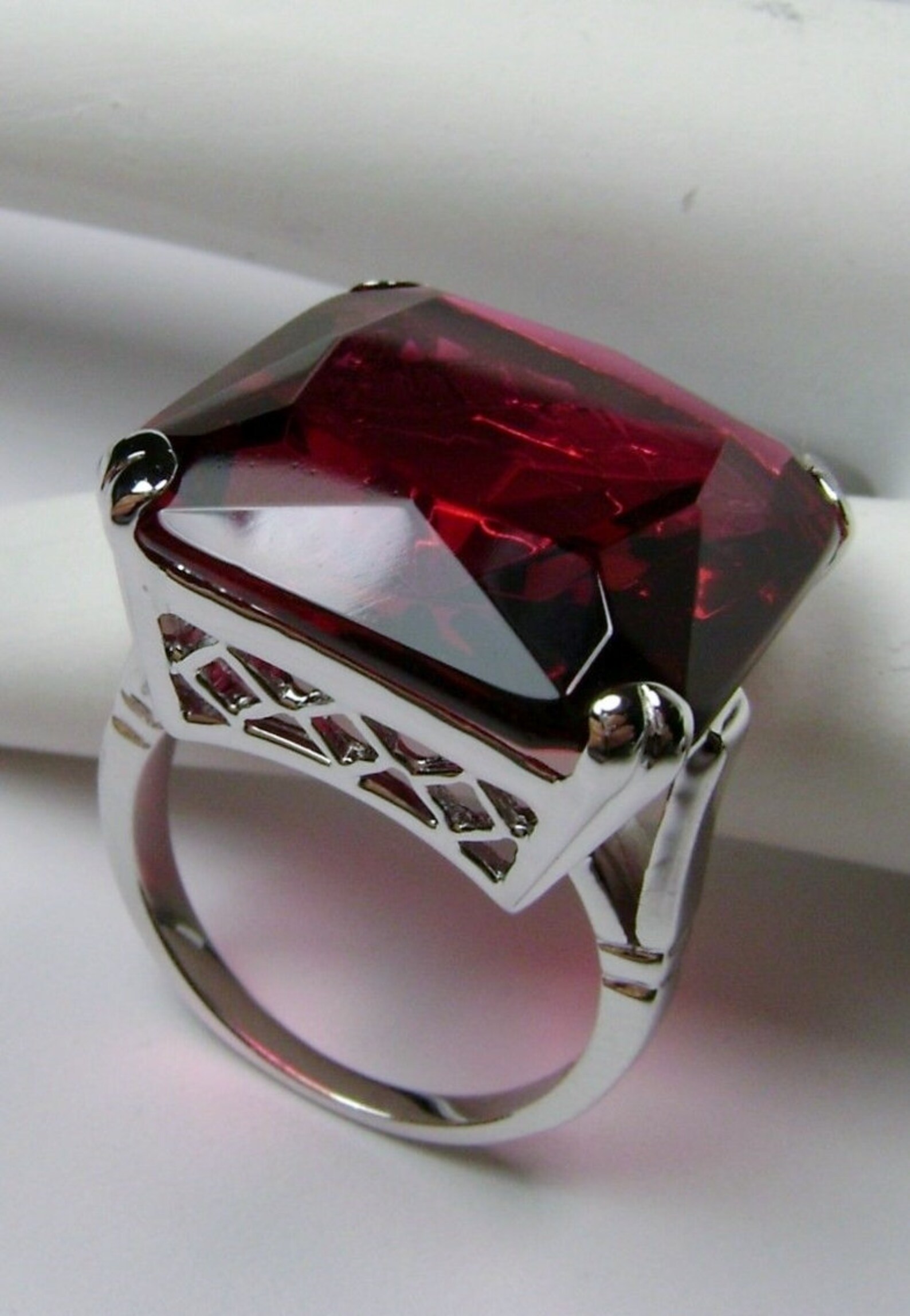 Ruby Ring/ Sterling Silver/ 20ct Big Huge Square Cut Simulated Red Gem ...