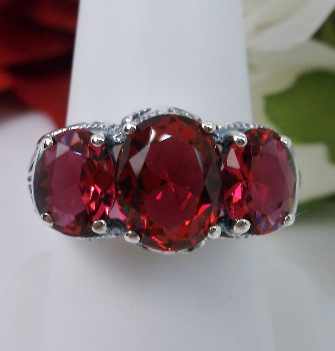 Ruby Ring/ Solid Sterling Silver/ 3-gem Oval Cut Simulated Ruby ...