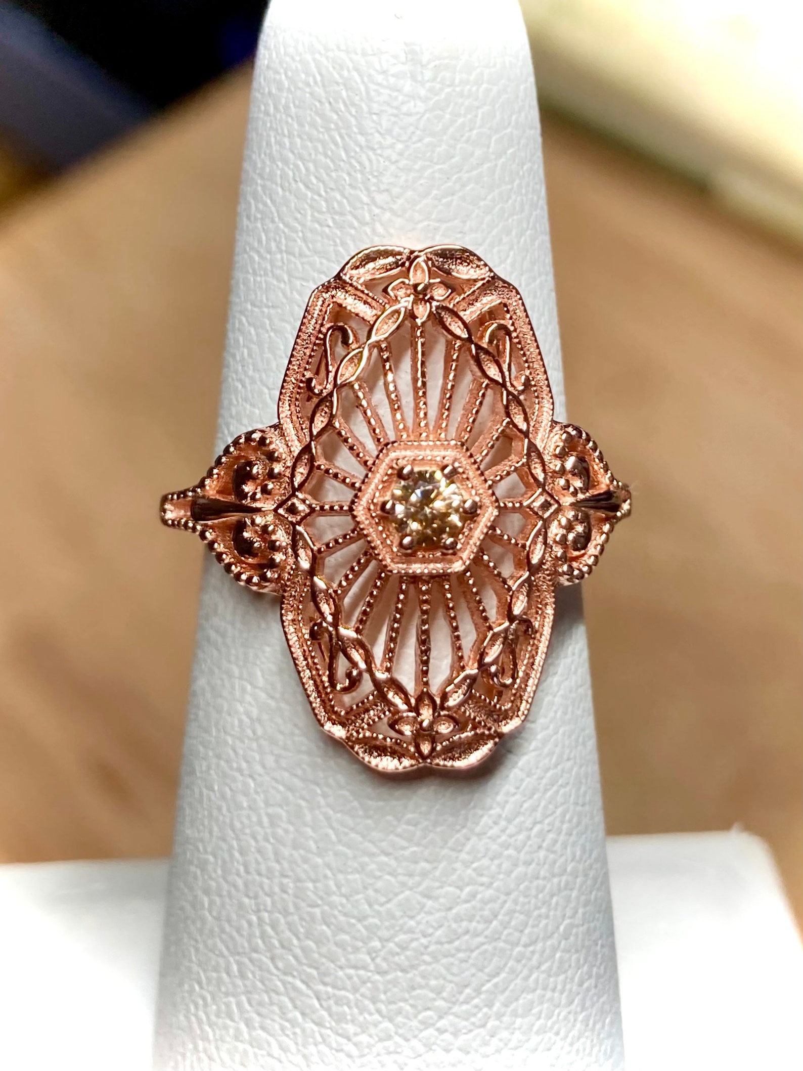 Vintage Style Champagne CZ Ring | Rose Gold & Sterling Silver | Peach ...