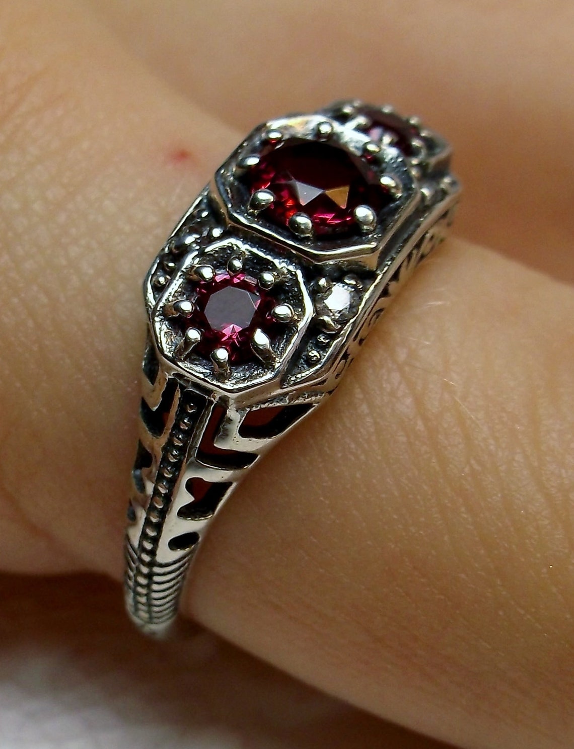 Ruby Ring/ Solid Sterling Silver/ Simulated Red Ruby Trinity | Etsy