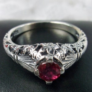 Natural Ruby Ring/ Solid Sterling Silver/ Natural Red Ruby Edwardian Floral Wedding Leaf ...