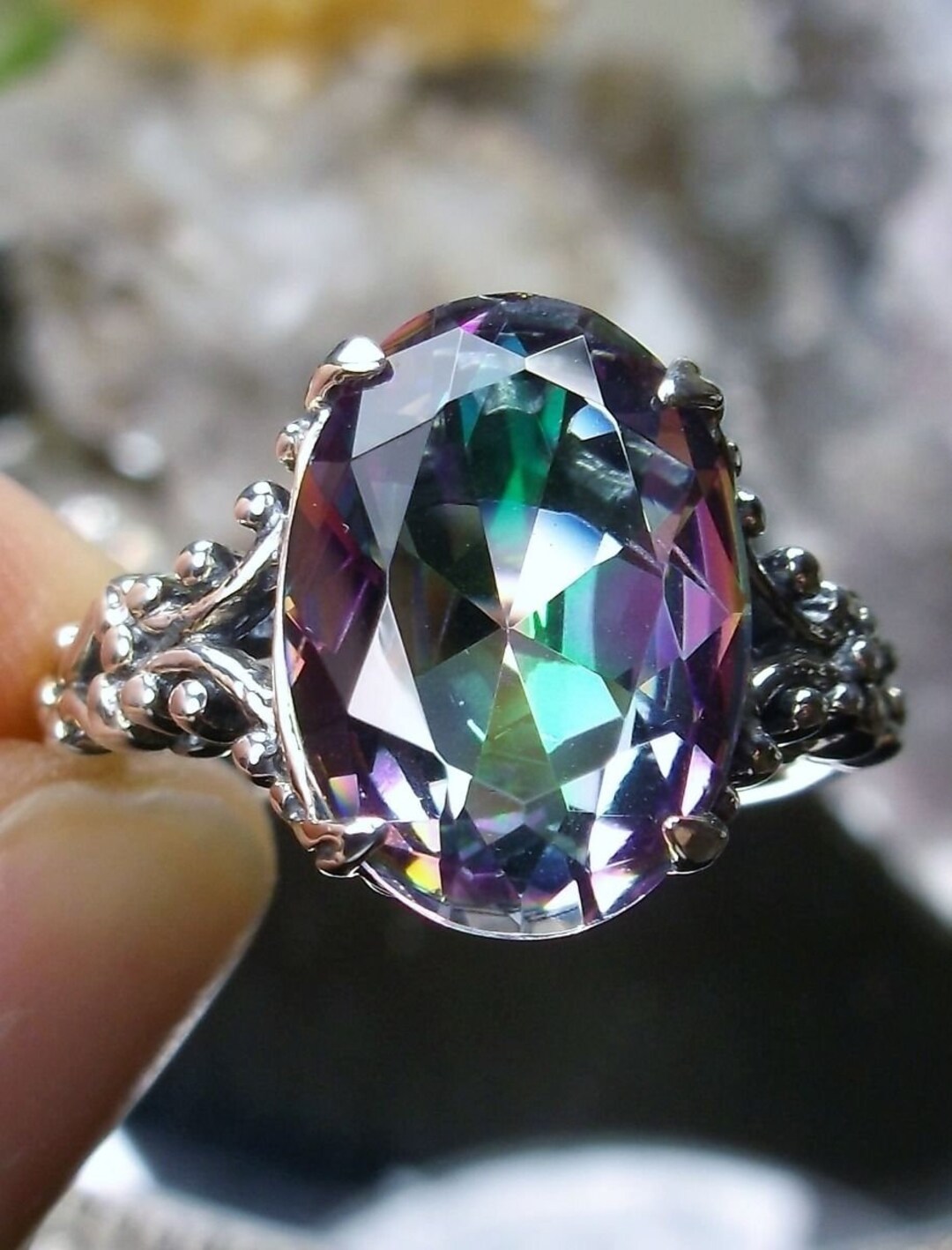 Mystic Topaz Ring/ Sterling Silver/6ct Oval Cut Simulated Mystic Topaz ...