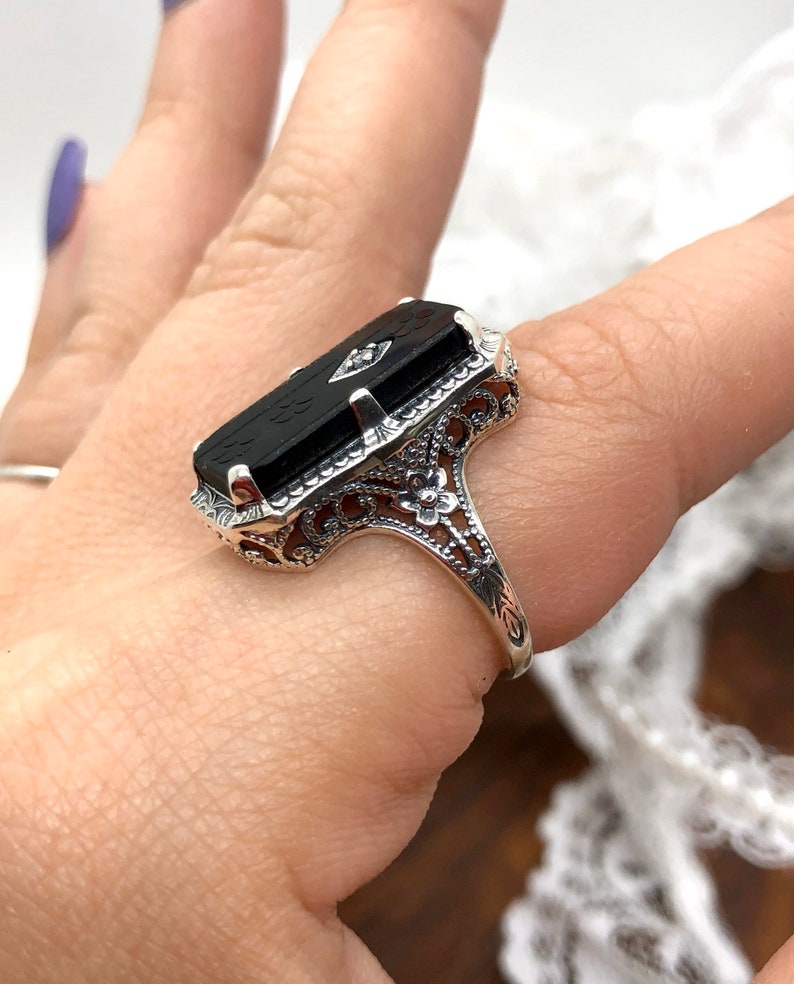 Black Camphor Glass Ring/ Sterling Silver/ Carved Black | Etsy